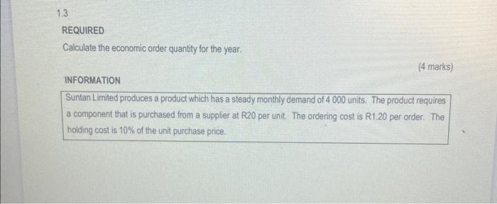 Solved 1.3 REQUIRED Calculate the economic order quantity | Chegg.com