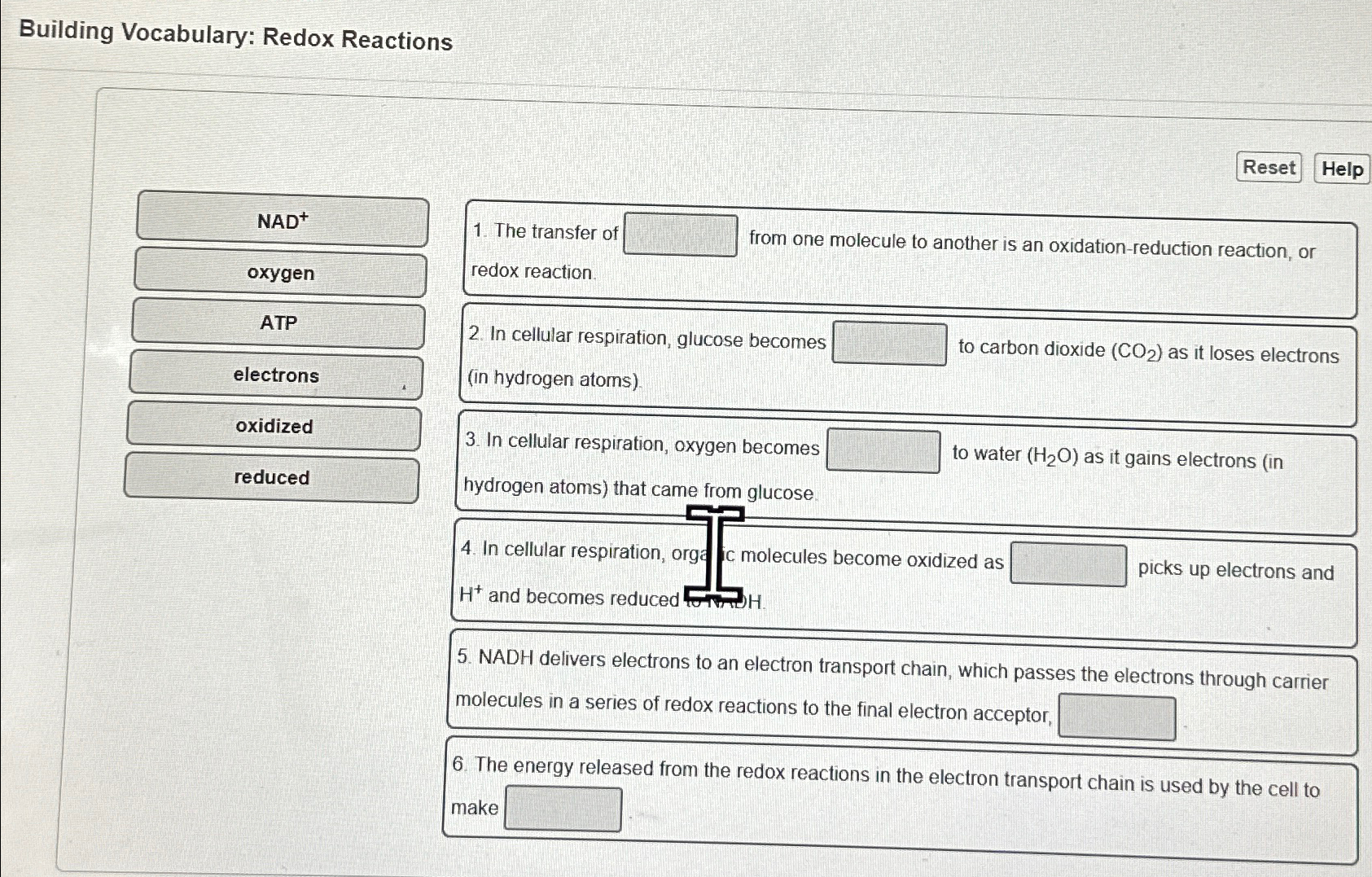 Solved Building Vocabulary: Redox ReactionsResetHelpThe | Chegg.com
