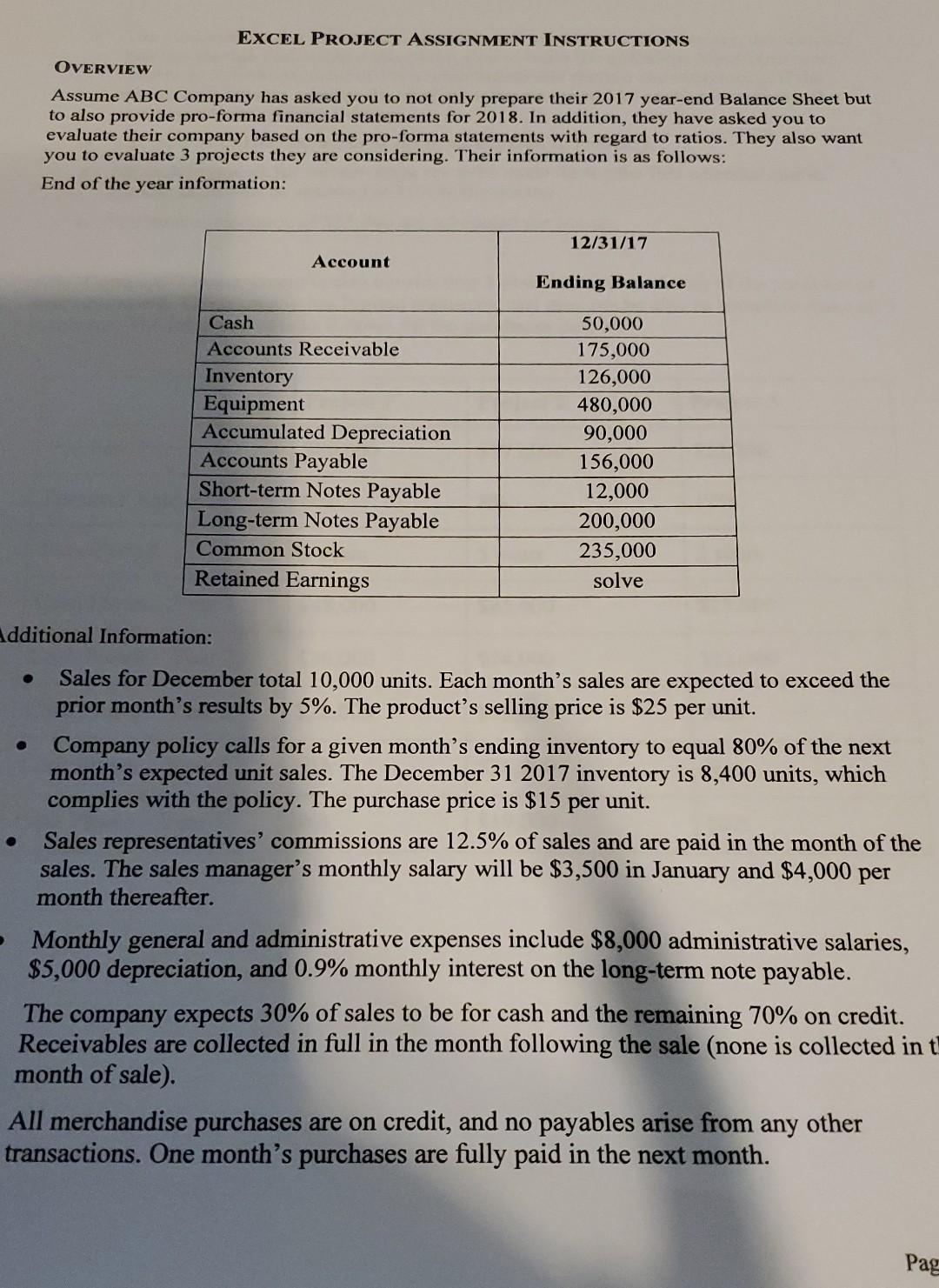 Solved EXCEL PROJECT ASSIGNMENT INSTRUCTIONS OVERVIEW Assume | Chegg.com