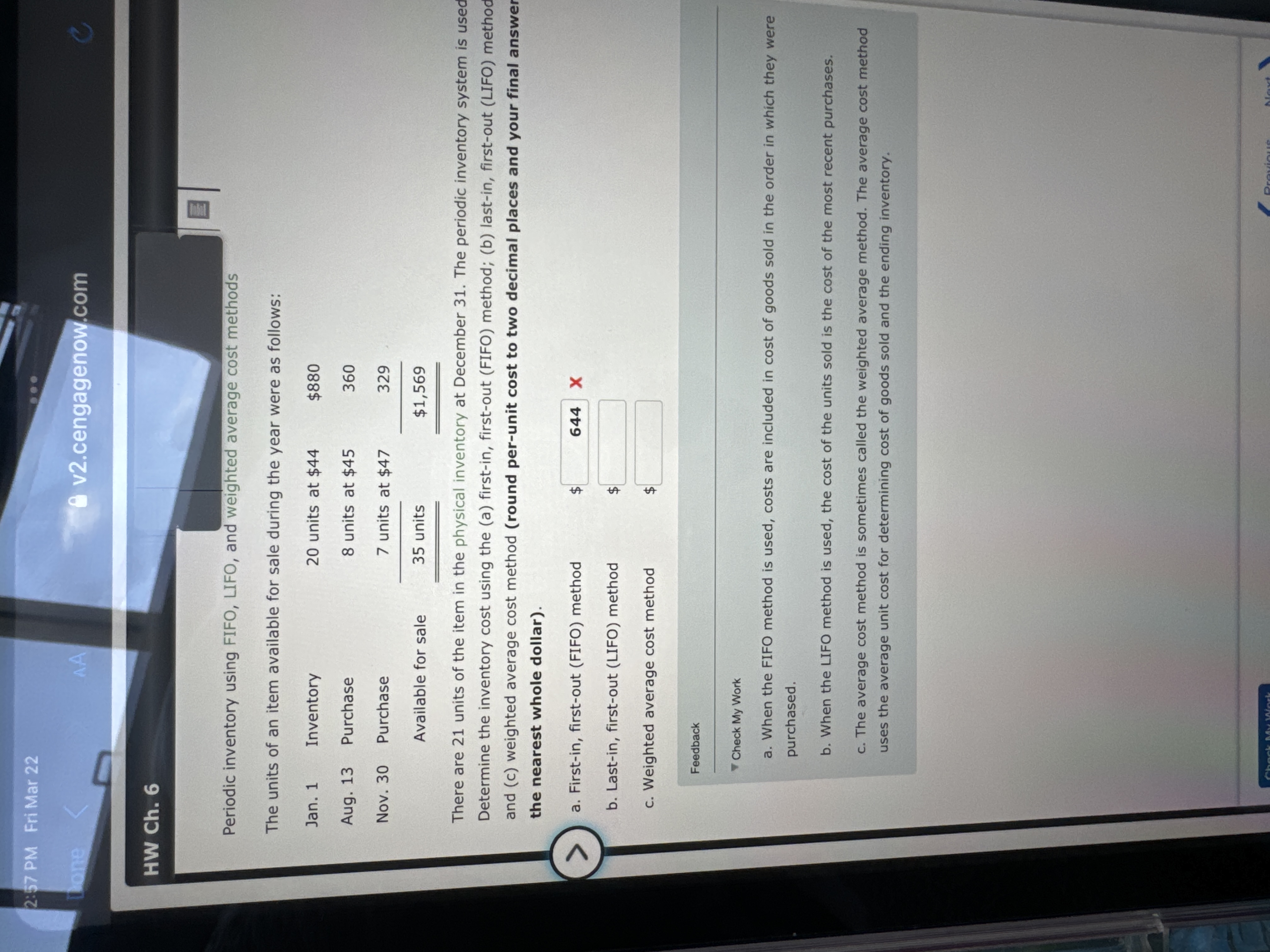 Solved helpFeedbackCheck My Worka. ﻿When the FIFO method is | Chegg.com