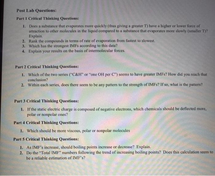 Solved Post Lab Questions: Part 1 Critical Thinking | Chegg.com