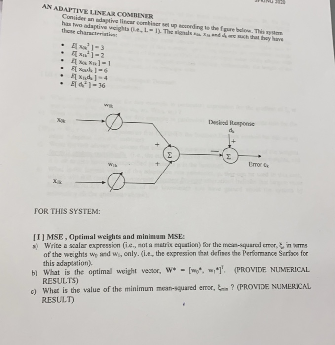 SPRING 2020 AN ADAPTIVE LINEAR COMBINER Consider an | Chegg.com