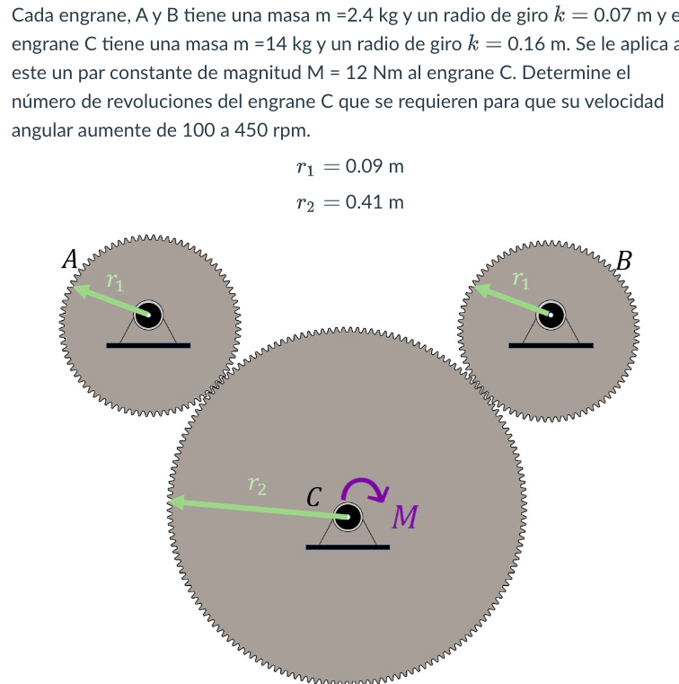 Solved Cada engrane, A y B tiene una masa m=2.4kg ﻿y un | Chegg.com