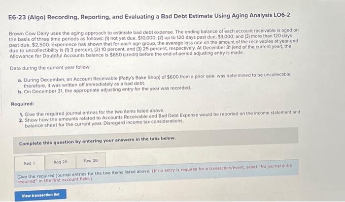 Solved E6-23 (Algo) Recording, Reporting, and Evaluating a | Chegg.com