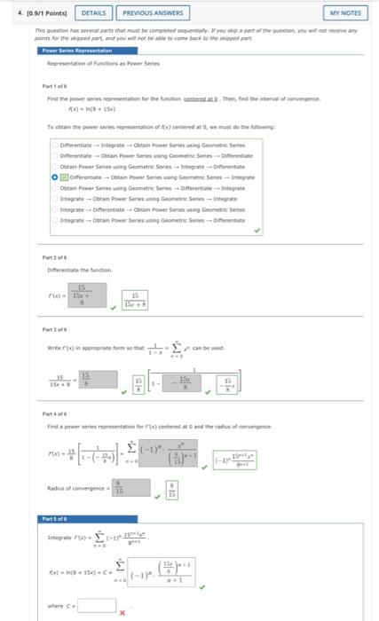 Solved Part 1 af 5 f(x)+in(1)+15x) Integate → Obcain Power | Chegg.com