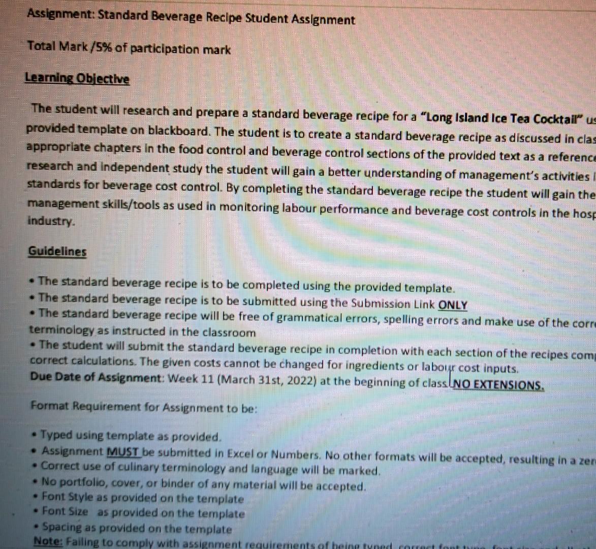 Solved Assignment: Standard Beverage Recipe Student | Chegg.com