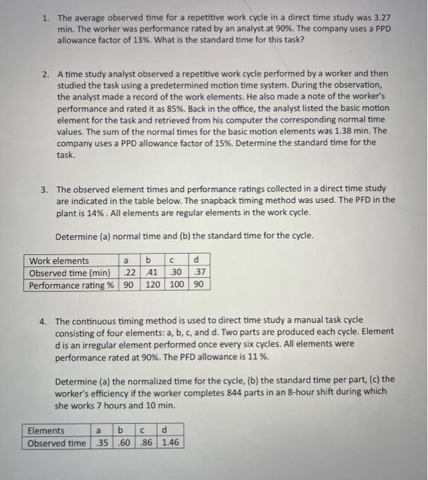 Solved 1. The average observed time for a repetitive work | Chegg.com