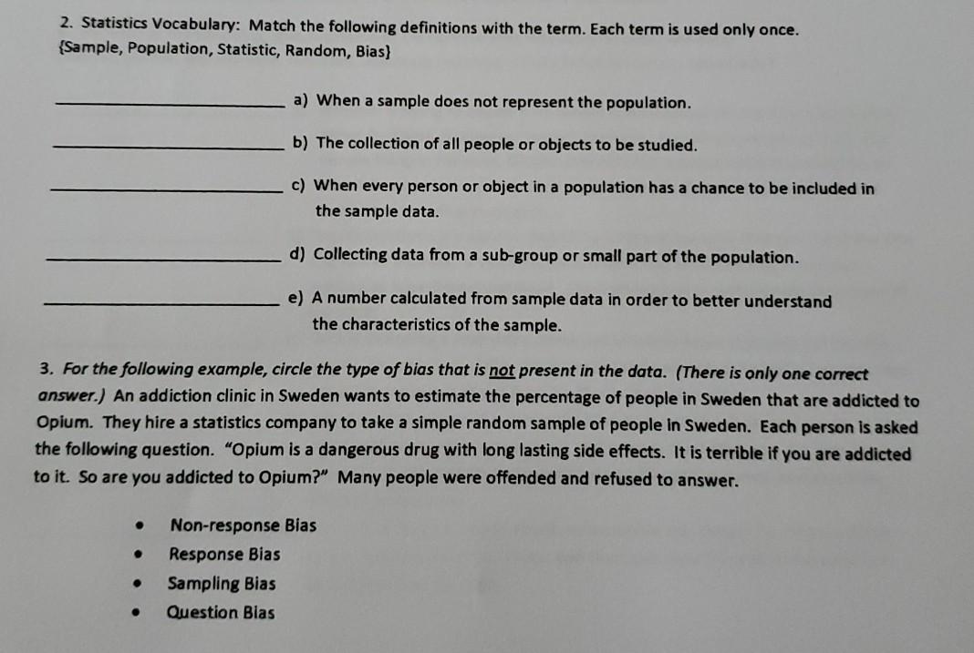 Solved 2. Statistics Vocabulary: Match the following | Chegg.com