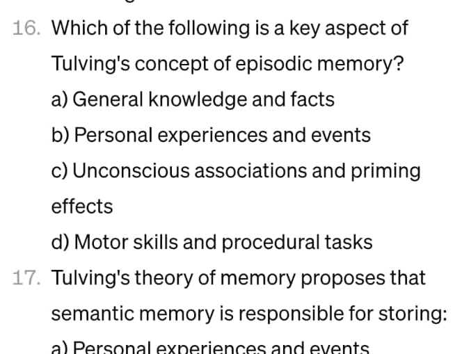 Solved Which of the following is a key aspect of Tulving's | Chegg.com