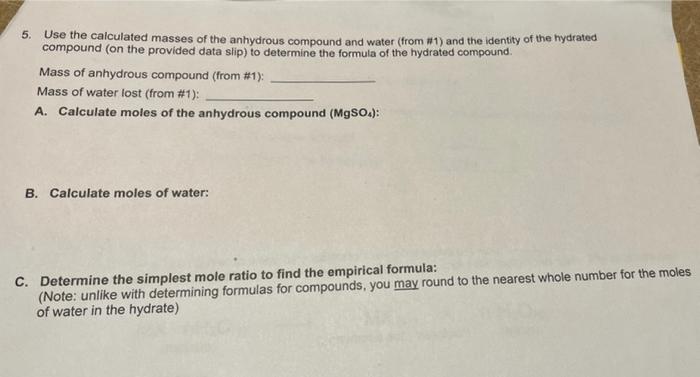 Solved 5. Use the calculated masses of the anhydrous | Chegg.com