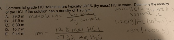 Solved 3. Commercial grade HCl solutions are typically 39.0% | Chegg.com