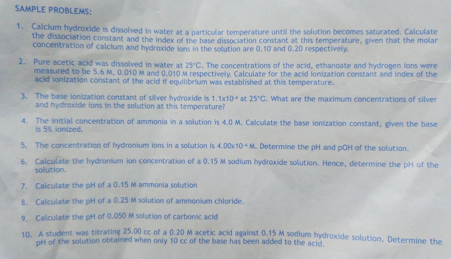 Solved 1. Calcium hydroxide is dissolved in water at a | Chegg.com