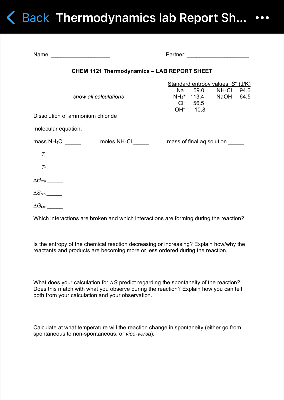 Solved Back Thermodynamics lab Report Sh...Name:Partner:CHEM | Chegg.com
