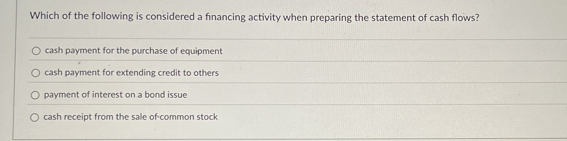 Solved Which of the following is considered a financing | Chegg.com