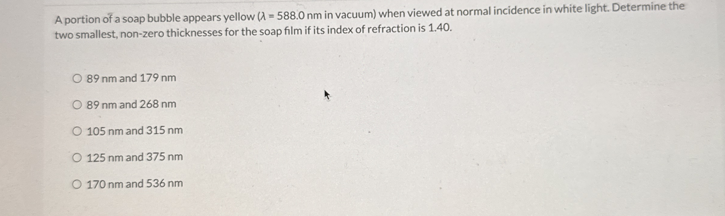Solved A portion of a soap bubble appears yellow ( λ=588.0nm | Chegg.com