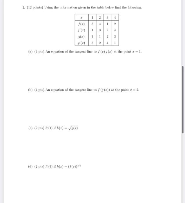 Solved 2. (12 points) Using the information given in the | Chegg.com Solved 2. (12 points) Using the information given in the | Chegg.com