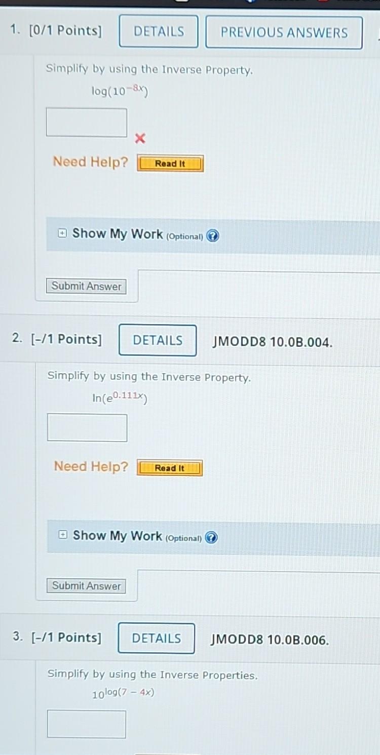 Solved Simplify by using the Inverse Property. log(10−8x) | Chegg.com