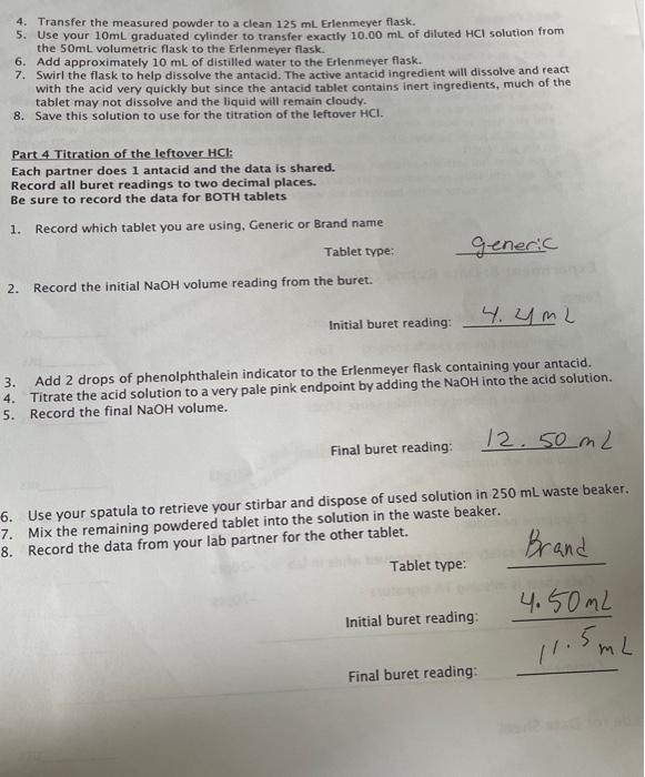 Solved Part 4: Titration of leftover HCl Volume of NaOH used | Chegg.com