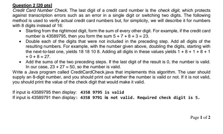 Solved Question 2 [20 pts Credit Card Number Check. The last | Chegg.com