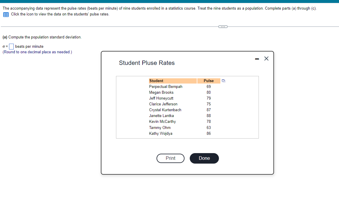 Solved The accompanying data represent the pulse rates | Chegg.com