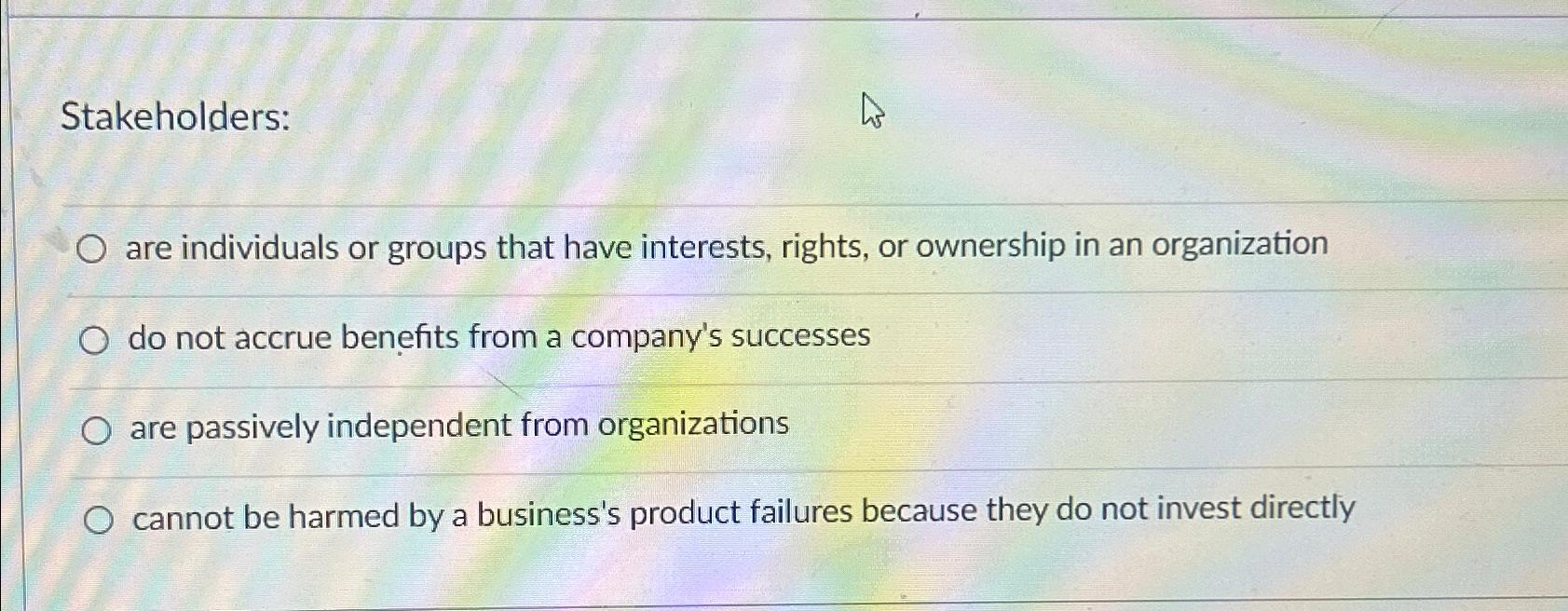 Solved Stakeholders:are individuals or groups that have | Chegg.com