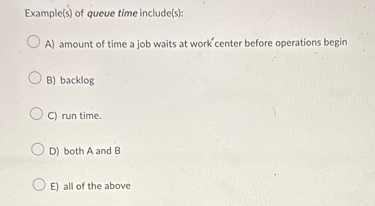 Solved Example(s) ﻿of queue time include(s):A) ﻿amount of | Chegg.com