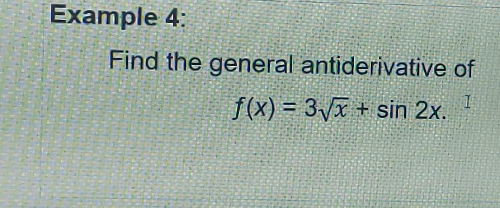 Solved Example 4: Find the general antiderivative of f(x) = | Chegg.com