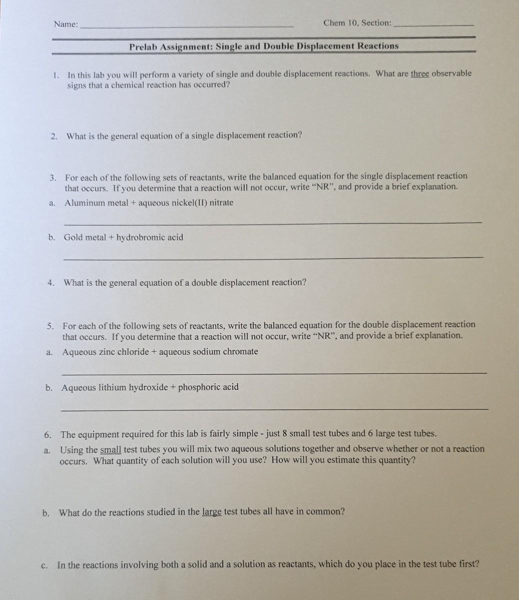 Solved Name: Chem 10. Section: Prelab Assignment: Single and | Chegg.com