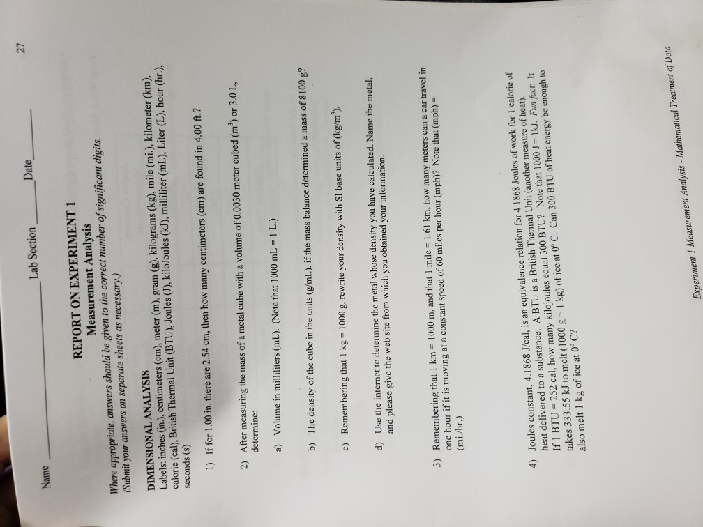 Solved 27 Lab Section Date Name Report On Experiment 1