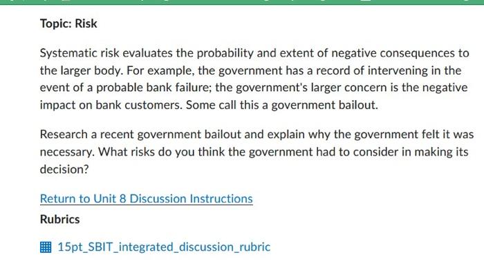 Solved Topic: Risk Systematic risk evaluates the probability | Chegg.com