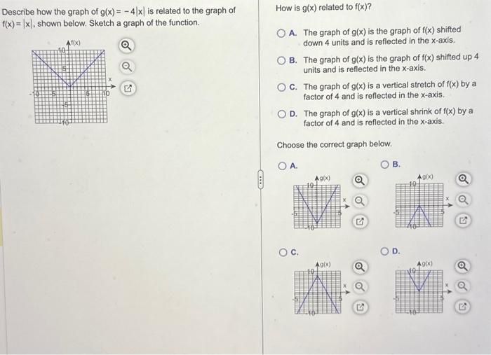 Solved Describe how the graph of g(x)=−4∣x∣ is related to | Chegg.com