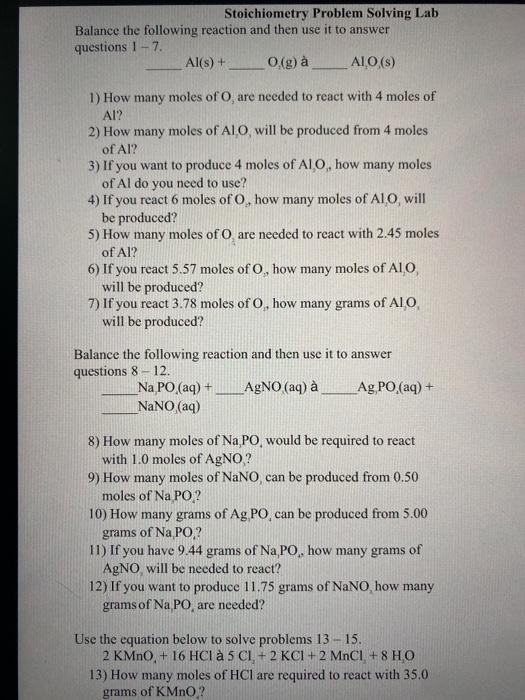 Solved Stoichiometry Problem Solving Lab Balance the | Chegg.com