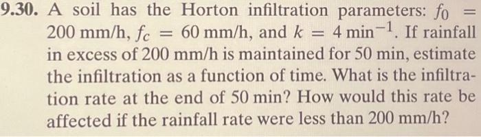 Solved 9.30. A soil has the Horton infiltration parameters: | Chegg.com