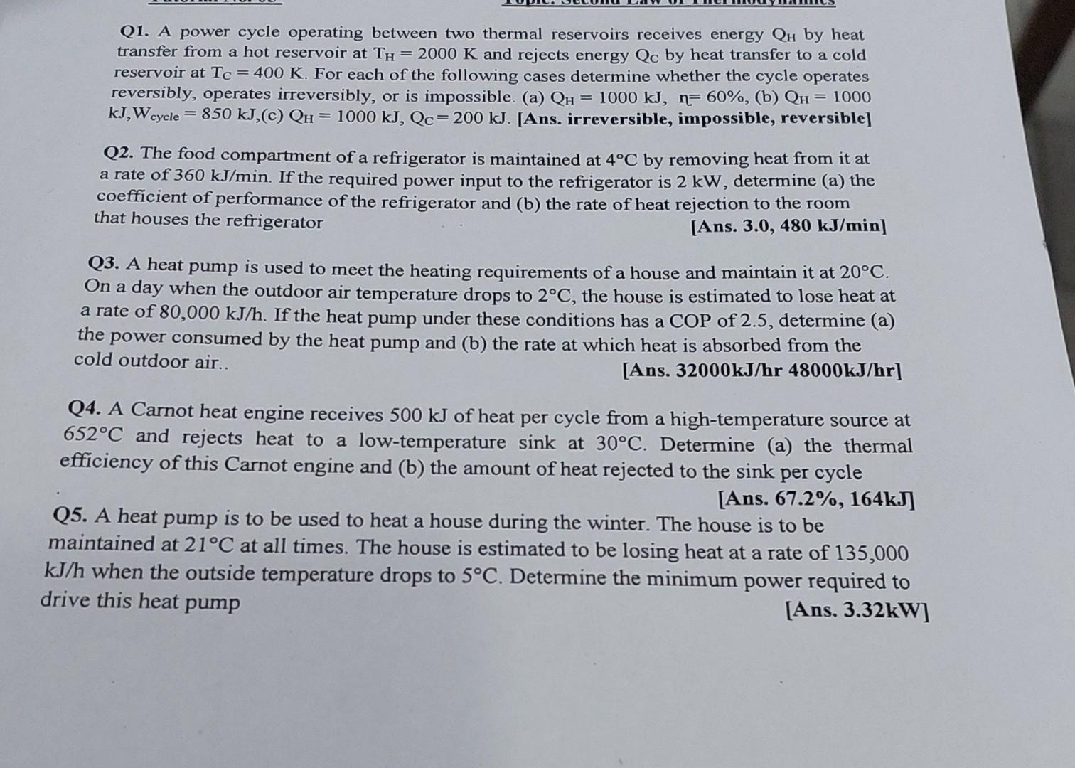 Solved Q1. A power cycle operating between two thermal | Chegg.com