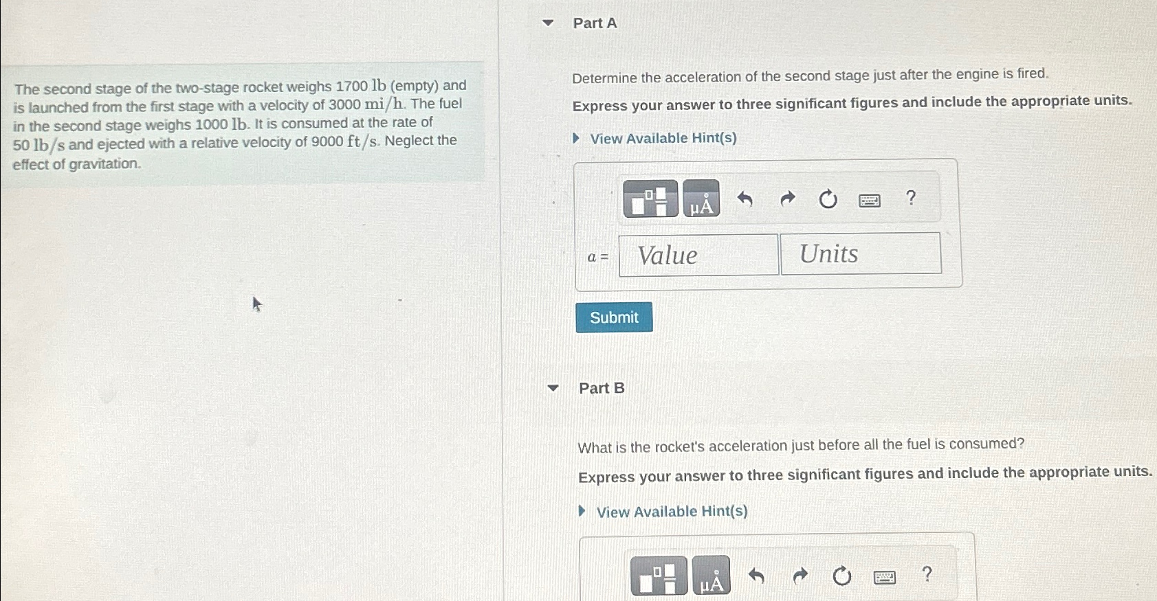 Solved Part AThe second stage of the two-stage rocket weighs | Chegg.com
