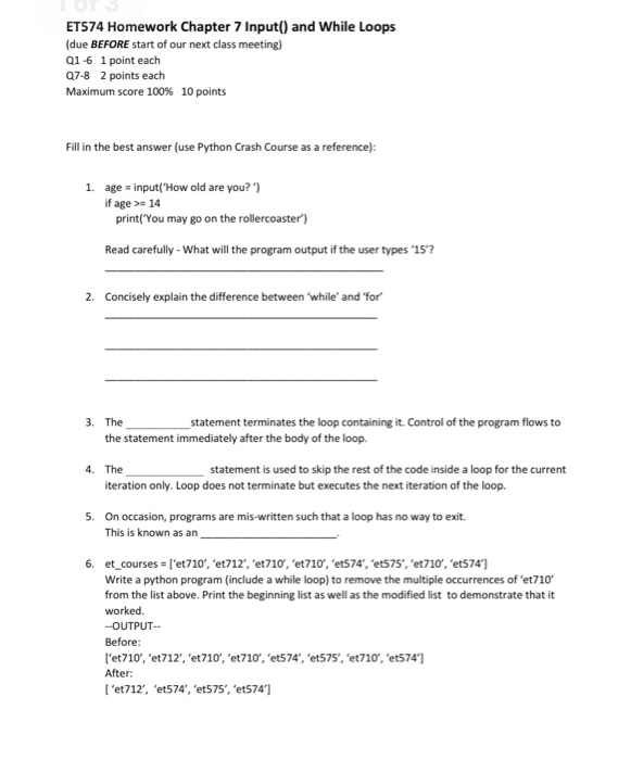Solved ET574 Homework Chapter 7 Input() and While Loops (due | Chegg.com