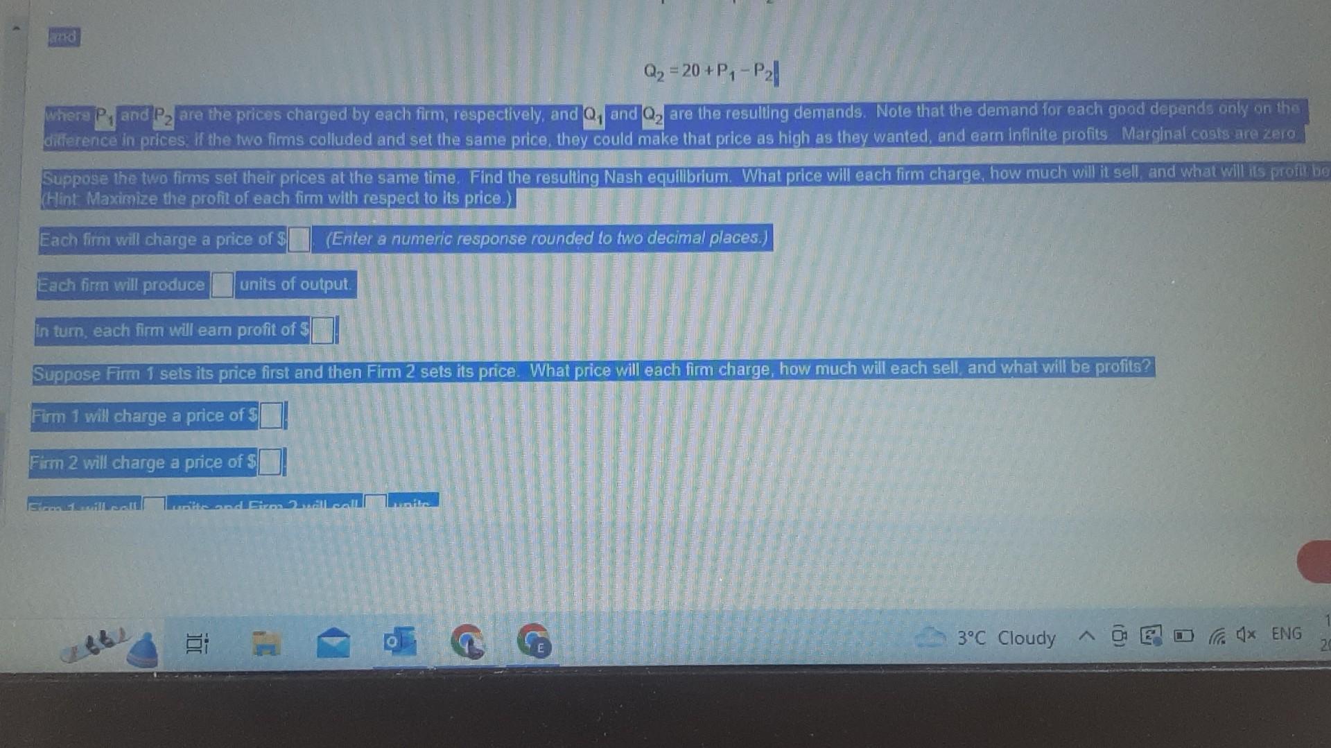 Q2=20+P1−P2 Suppose the two fims set their prices at | Chegg.com