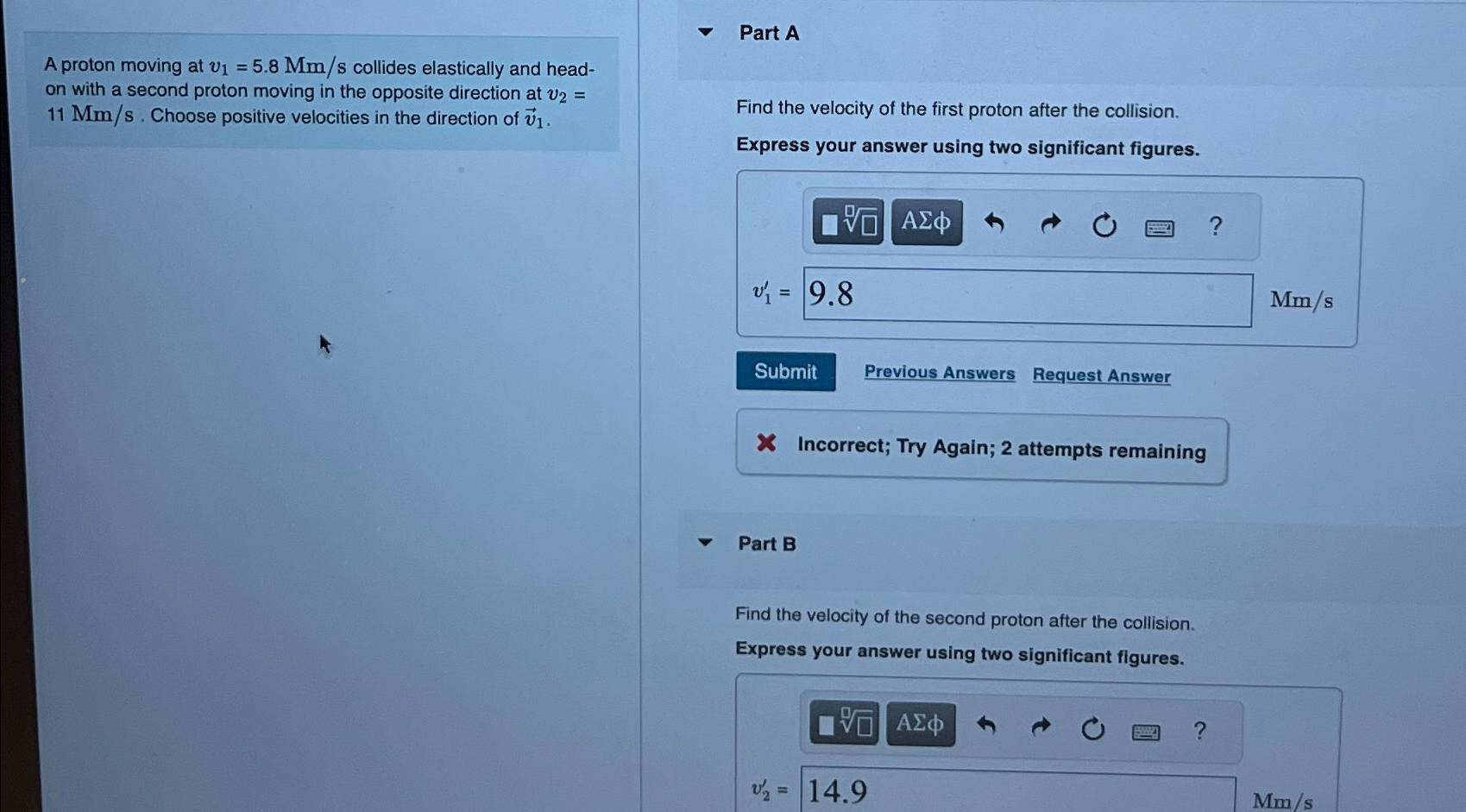 A proton moving at v1=5.8Mms ﻿collides elastically | Chegg.com