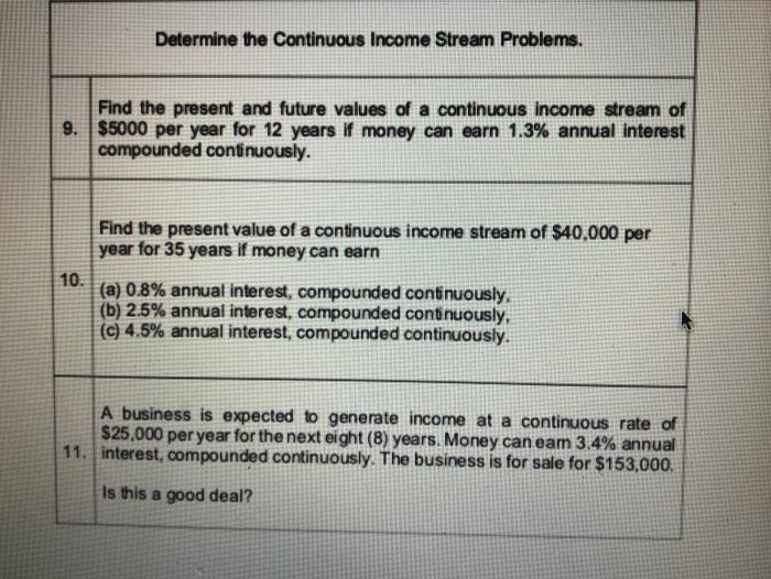 Solved Determine the Continuous Income Stream Problems. Find | Chegg.com
