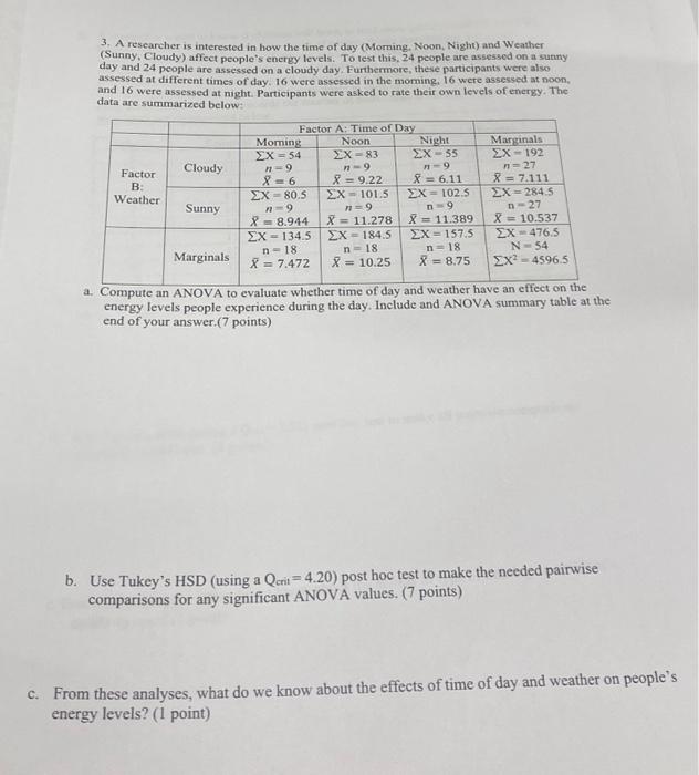 Solved 3. A researcher is interested in how the time of day | Chegg.com