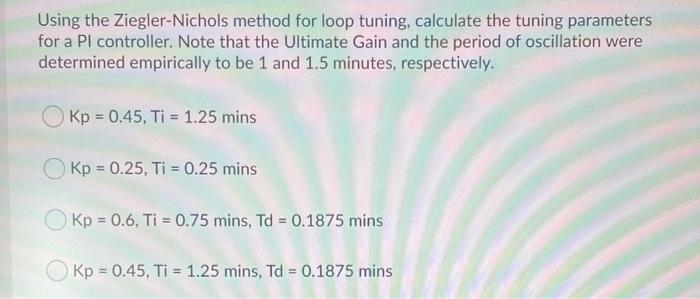 Solved Using the Ziegler-Nichols method for loop tuning, | Chegg.com