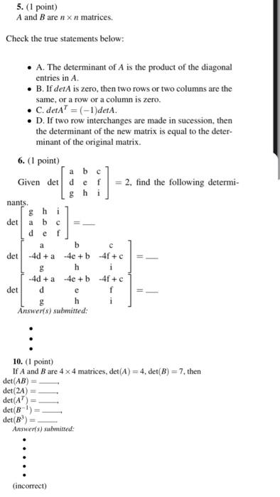 Solved 5. (1 point) A and B are n x n matrices. Check the | Chegg.com