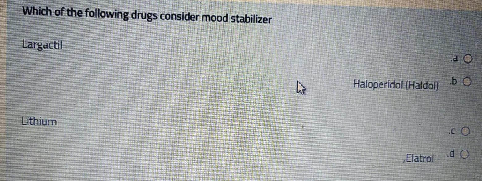 Solved Which of the following drugs consider mood stabilizer | Chegg.com