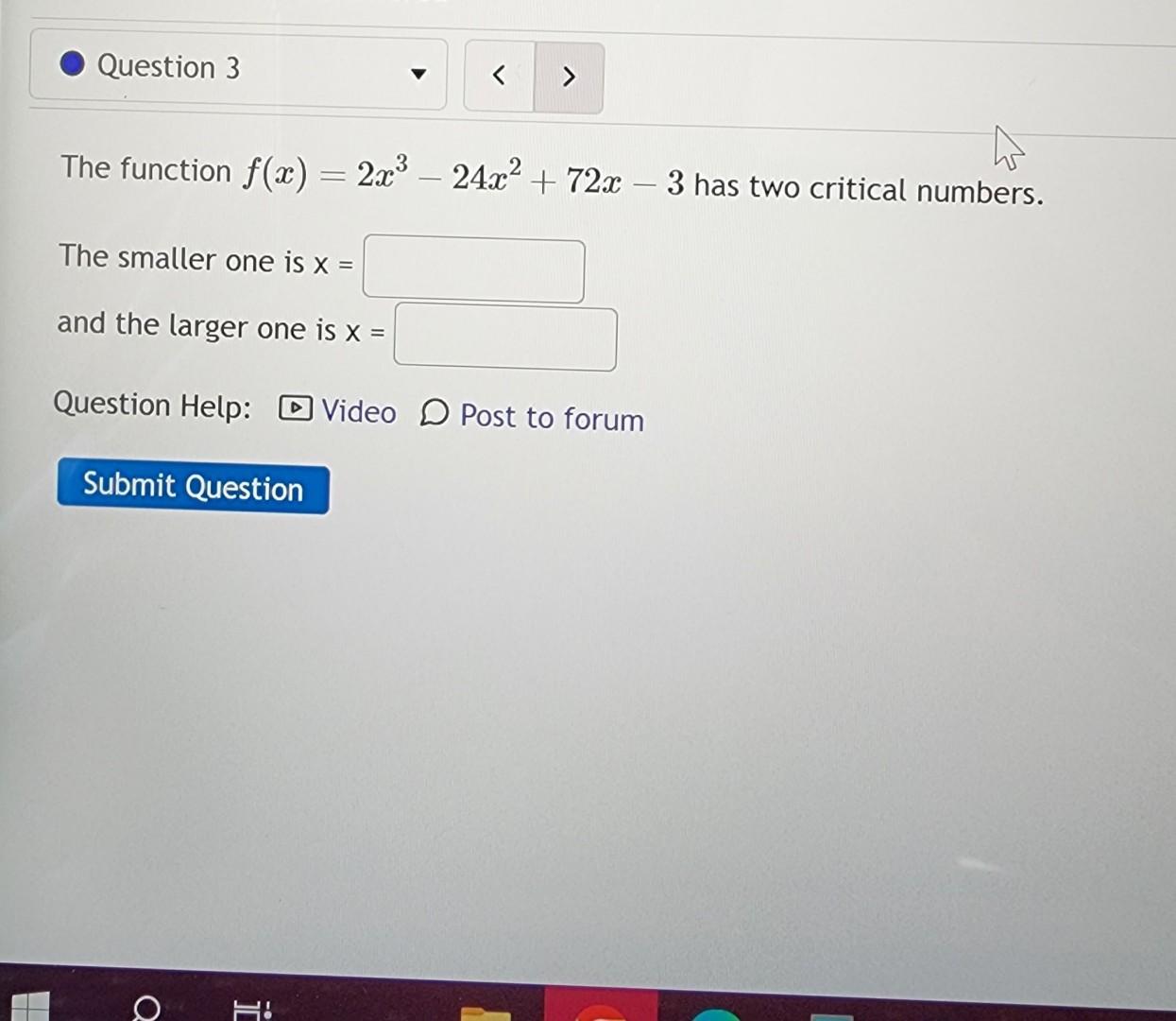 Solved The function f(x)=2x3−24x2+72x−3 has two critical | Chegg.com