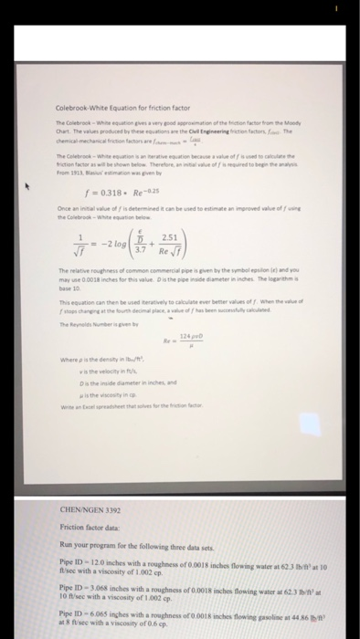 Colebrook-White Equation for friction factor The | Chegg.com