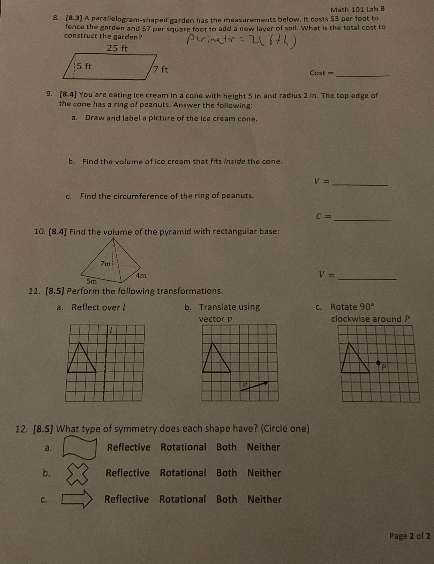 Solved Math 101 ﻿Lab 88. [8.3] ﻿A parallelogram-shaped | Chegg.com