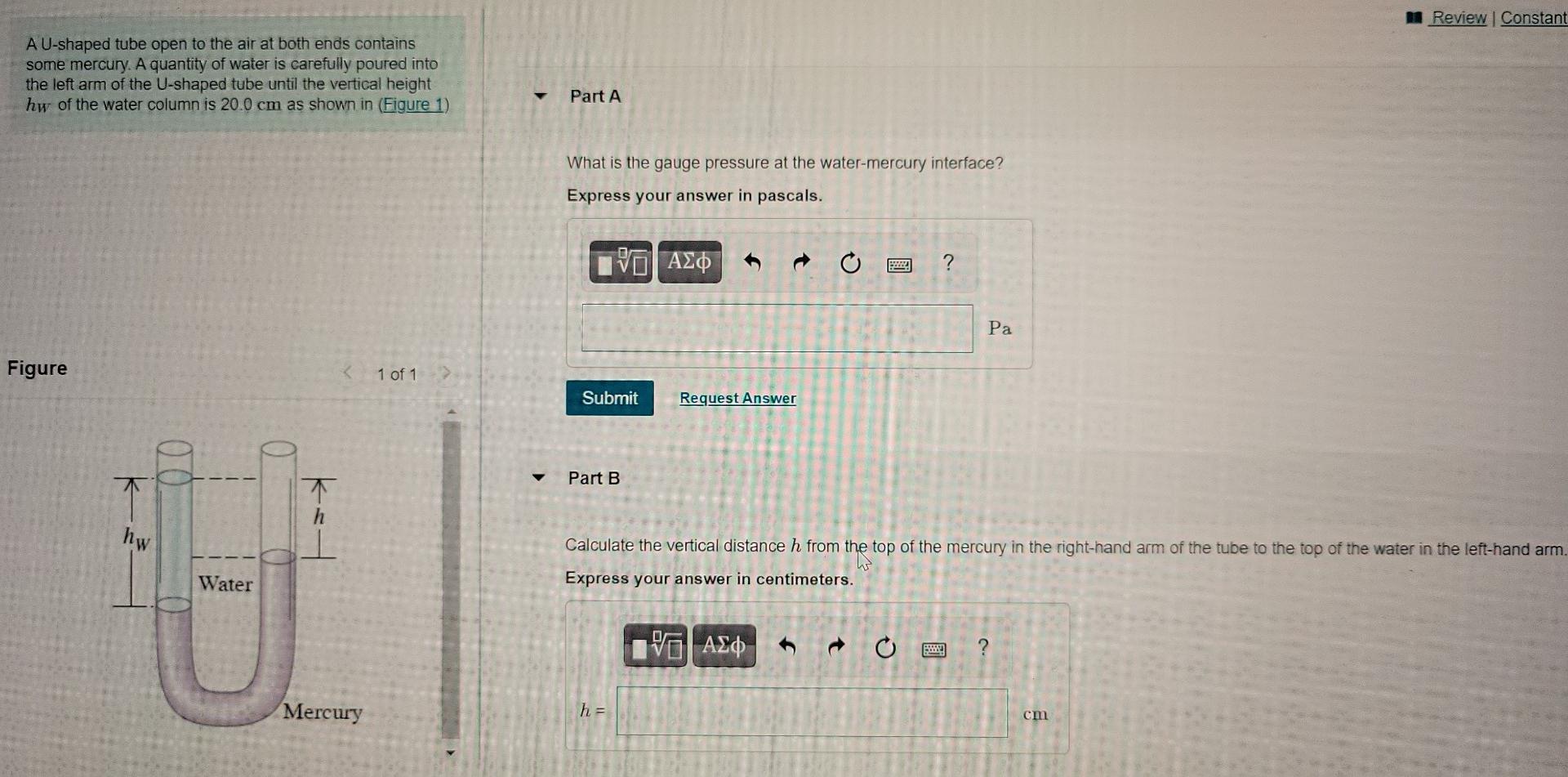 Solved A Review | Constant A U-shaped tube open to the air | Chegg.com
