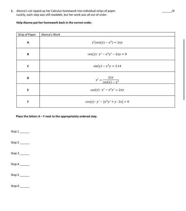 Solved 1. Alanna's cat ripped up her Calculus homework into | Chegg.com
