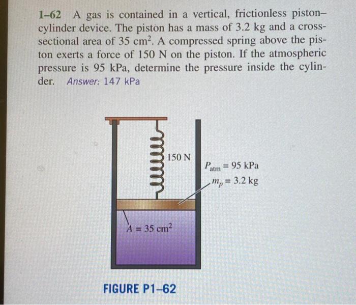Solved 1-62 A gas is contained in a vertical, frictionless | Chegg.com
