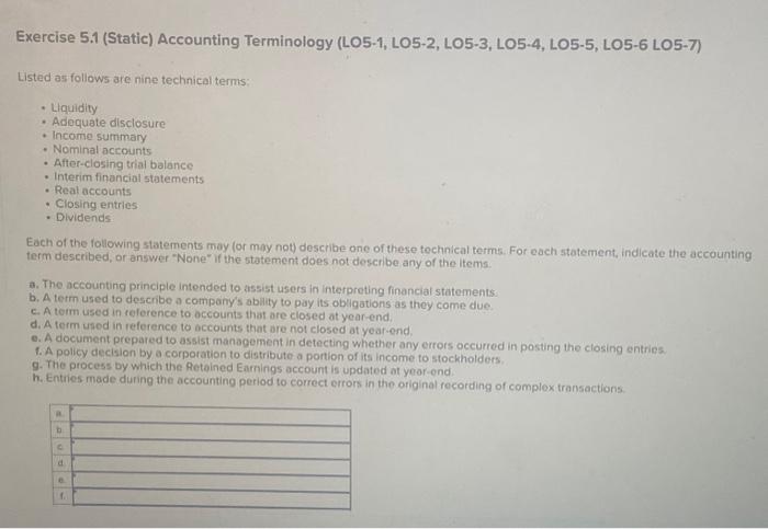 Solved Exercise 5.1 (Static) Accounting Terminology (LO5-1, | Chegg.com
